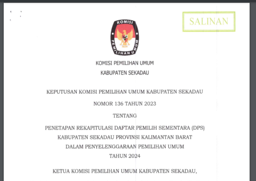 Keputusan KPU Tentang Penetapan Rekapitulasi DPS dalam Penyelenggaraan Pemilu Tahun 2024 ...